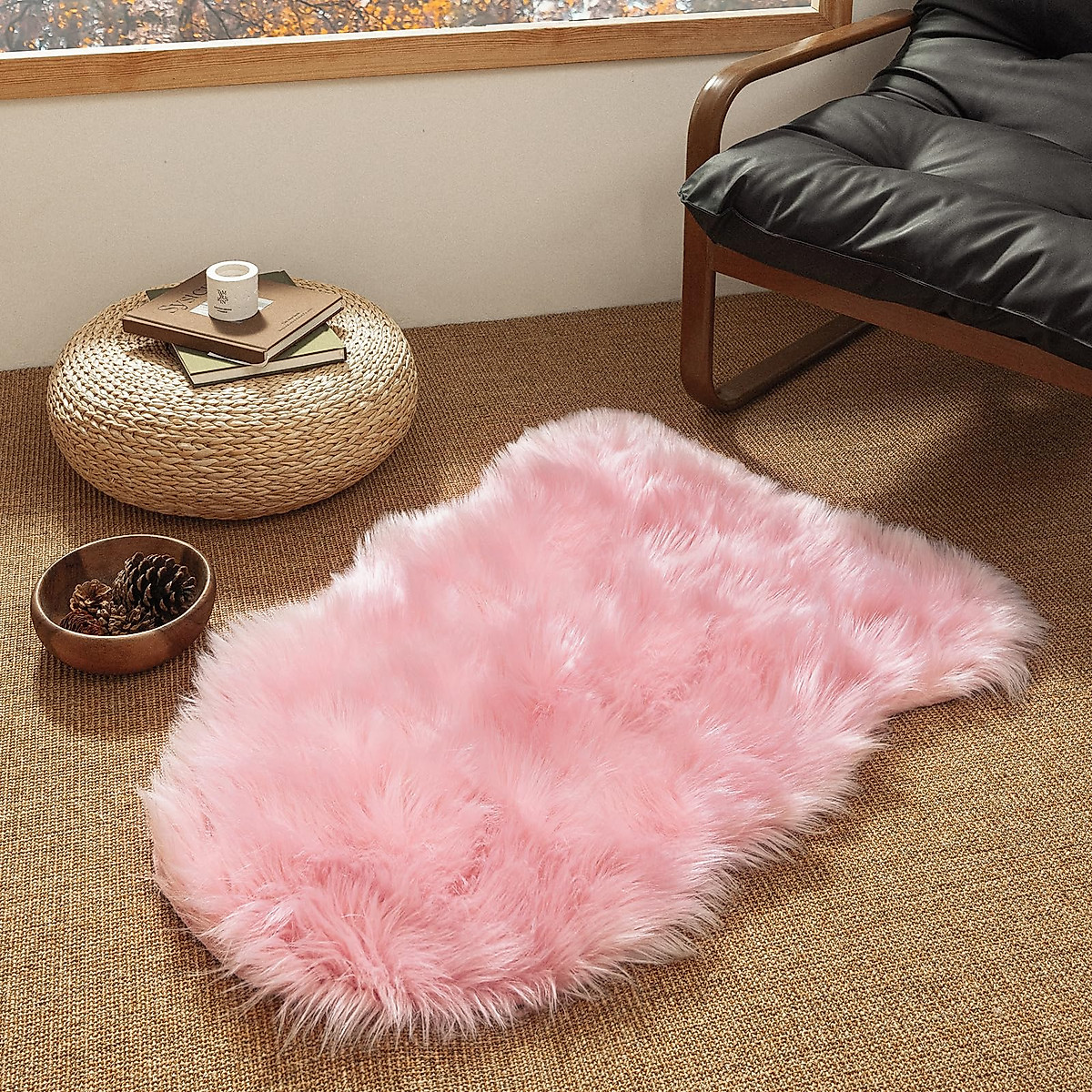 Ashler Faux Fur Rug, Fluffy Shaggy Area Rug 2 x 3 Feet Sheepskin Fur Rug, Pink Fuzzy Rug Machine Washable Shag Rug, Nursery Decor Throw Rugs for Bedroom, Kids Room, Living Room