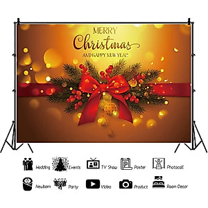 Yeele 5x3ft Christmas Backdrop for Party Happy New Year Red Bow Pine Cones Gold Lighting Lantern Balls Vinyl Background Kids Xmas Party Decorations Banner Photo Booth Props
