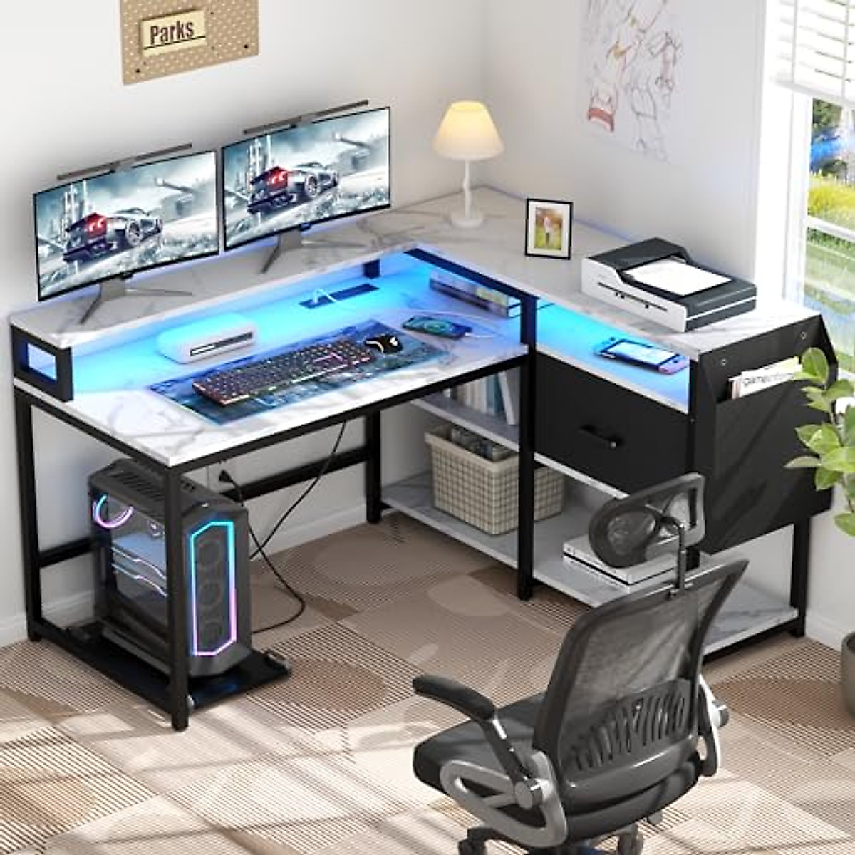 Loomie L Shaped Computer Desk with Power Outlets, 55"x41"D Reversible Corner Desk with LED Light, Drawer & Monitor Stand, Home Office Gaming Desk with 4 Tier Storage Shelves & Bag, White Faux Marble