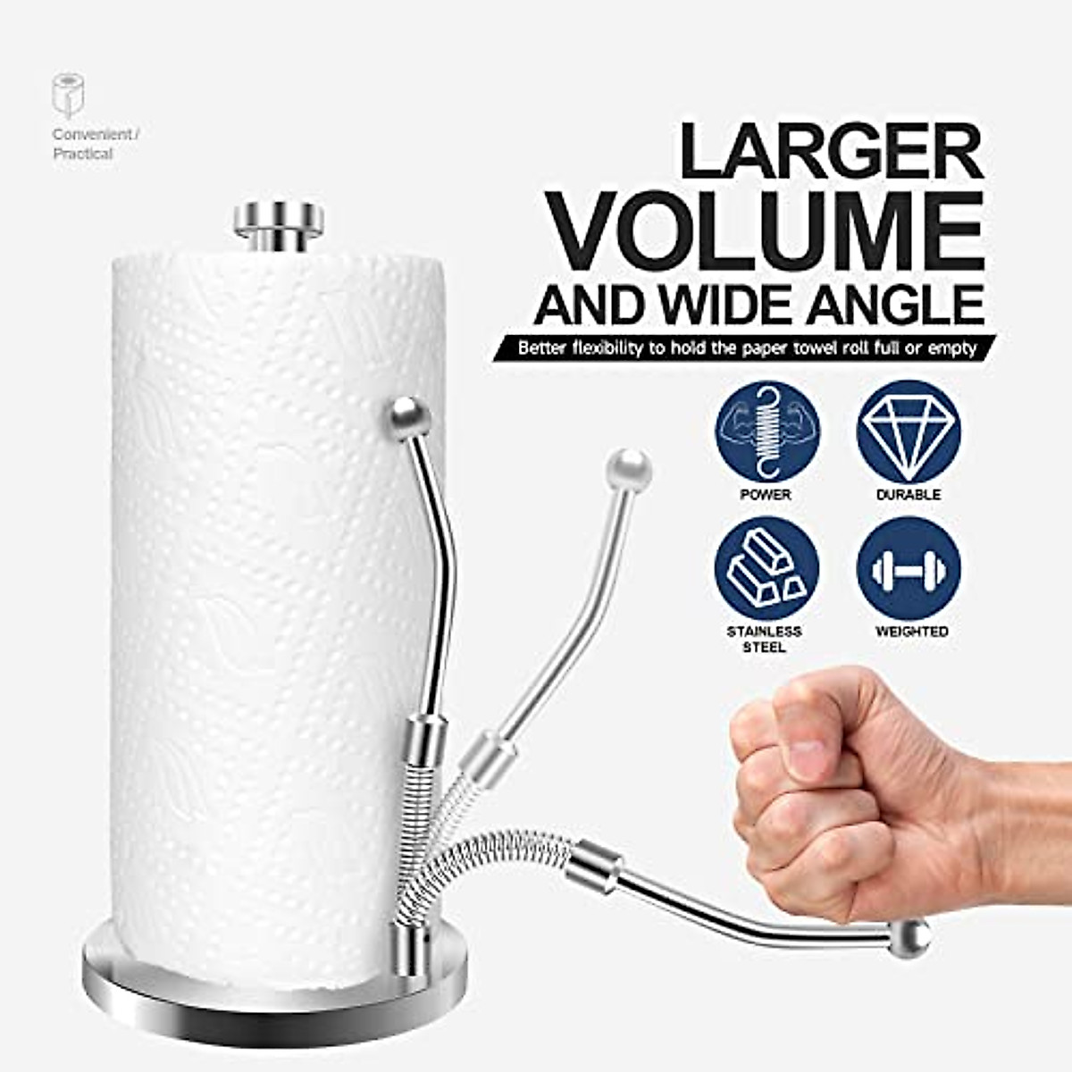 Paper Towel Holder Countertop,Longer Spring Arm(8cm) Stainless Steel Kitchen Paper Towel Holder Stand,Brushed Nickel Easy Tearing Paper Towel Dispenser with Weighted Base Fit Most Size Paper Roll,V1