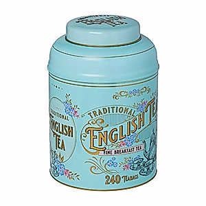 New English Teas Vintage Victorian Tea Tin with 240 English Breakfast Teabags for Tea Lovers, Forget Me Not Florals & Classic Tea Set Design