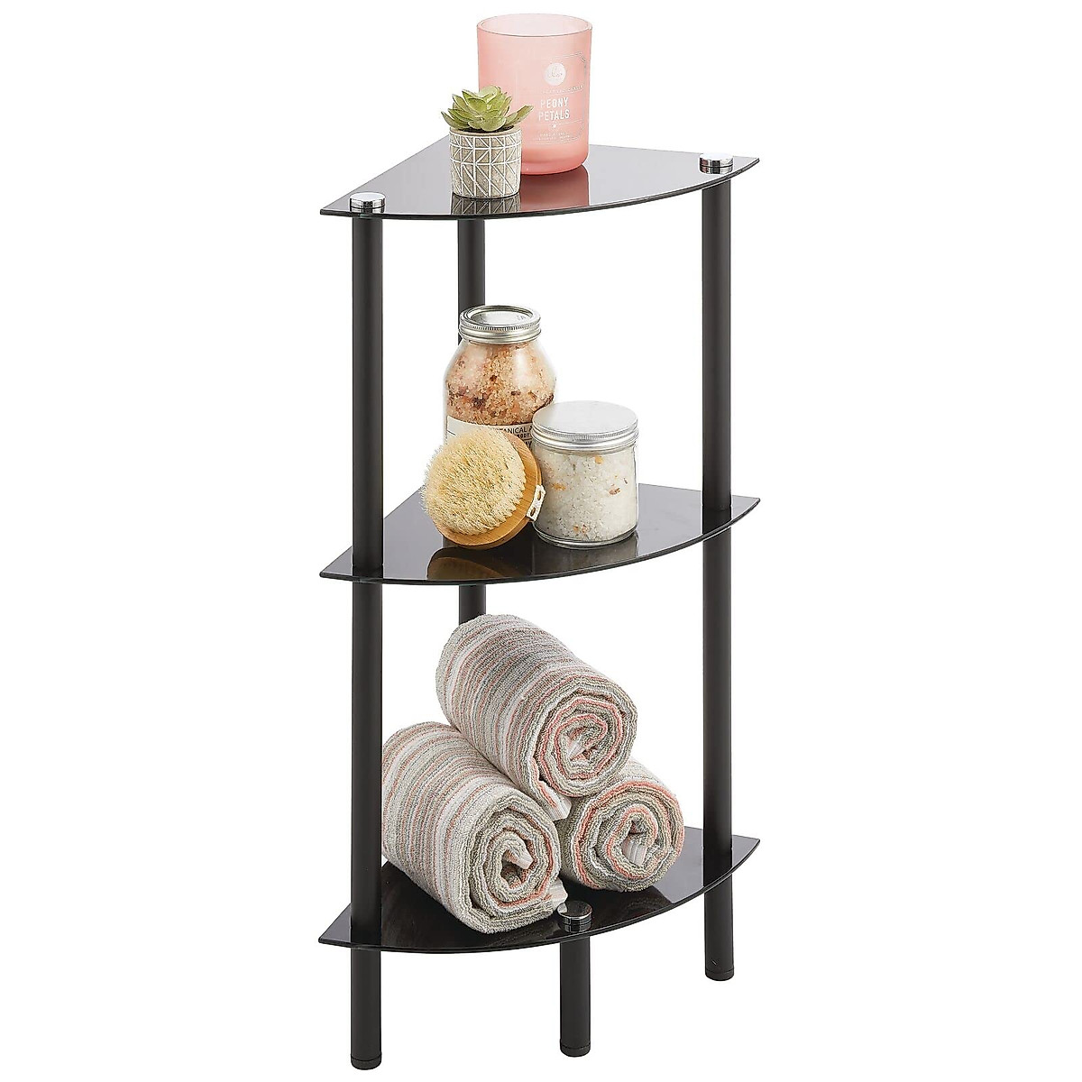 mDesign Modern Glass Corner 3-Tier Storage Organizer Tower Cabinet with Open Shelves - Household Furniture for Bathroom, Office, Bedroom, Living Room - Holds Books, Plants, Candles - Black/Black