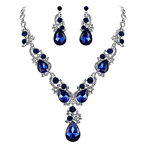 BriLove Wedding Bridal Necklace Earrings Jewelry Set for Women Multi Teardrop Cluster Crystal Statement Necklace Dangle Earrings Set Navy Blue Sapphire Color Silver-Tone.