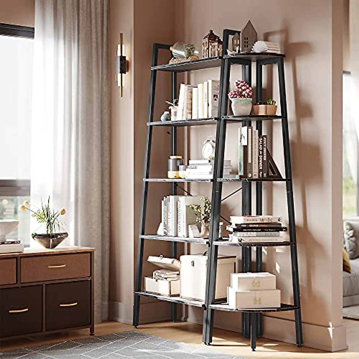 CubiCubi Corner Shelf Stand, Corner Shelves, Industrial Ladder Shelf for Small Space, Metal Corner Book Shelf with Two Hooks,Black Marble