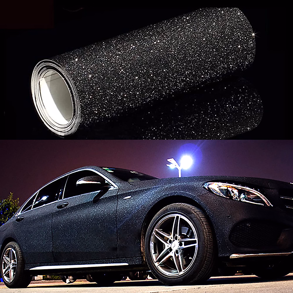 Lypumso Black Diamond Vinyl Wrap, Matte Black Sparkle Car Wrap Film, Vehicle Decor Sticker Bubble Free Self-Adhesive, Car Wrapping DIY Decals Auto Motocycle Bicycle Truck Exterior Interior (1ft x 5ft)