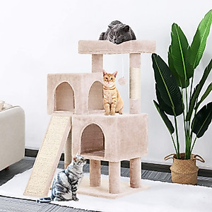 BestPet 36 inches Cat Tree for Indoor Cats Cat Tower with Scratching Posts Multi-Level Cat Furniture Condo with Ramp, Perch Spacious Cat Cave & Funny Toys for Kittens House,Beige