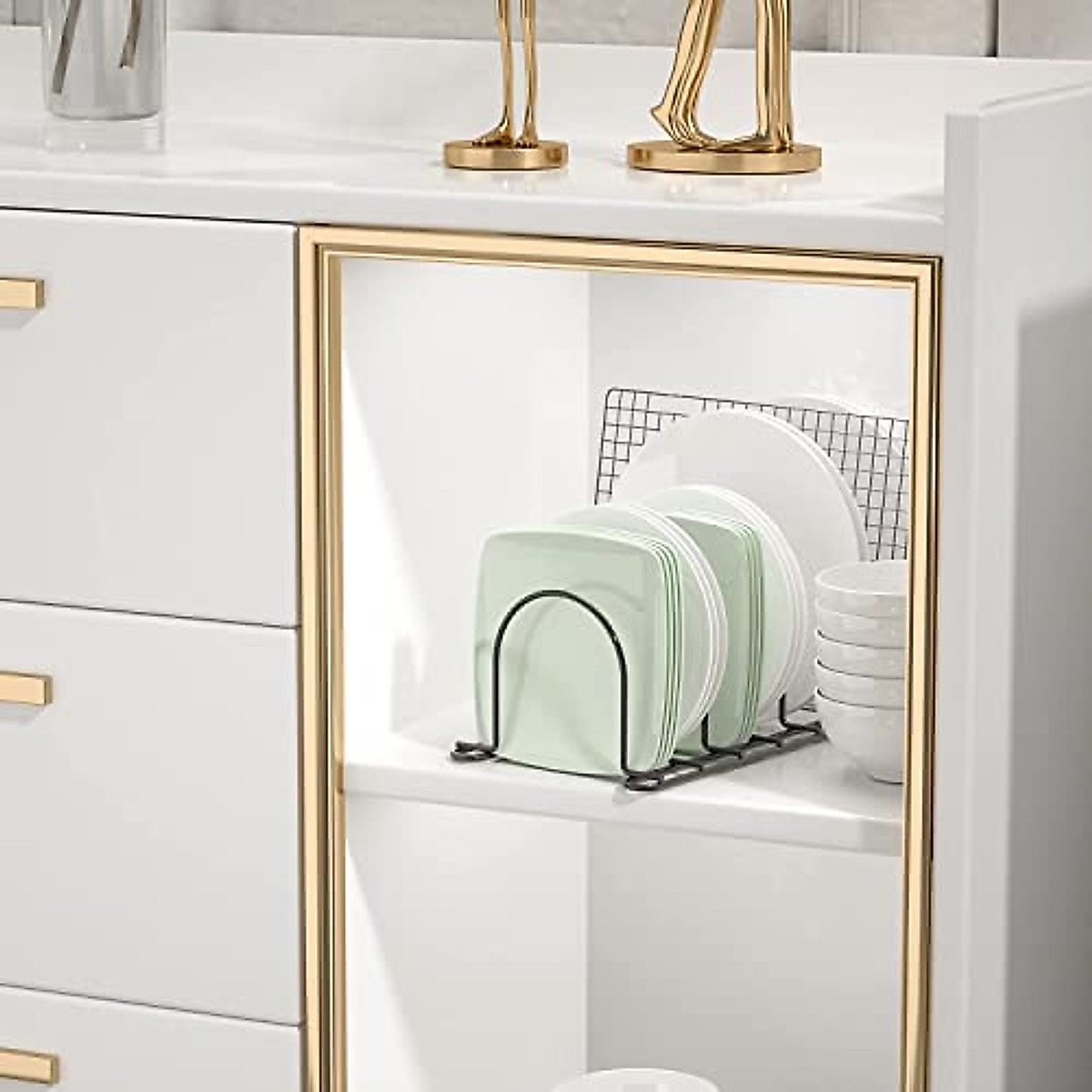 JAQ Pot Lid Rack Organizer, 13.5'' Kitchenware Dividers Holder for Plates, Pans, Cutting Boards, Muffin Tins, Baking Sheets in Cabinets Shelf Countertop Pantry ( Black, 8-Slot)