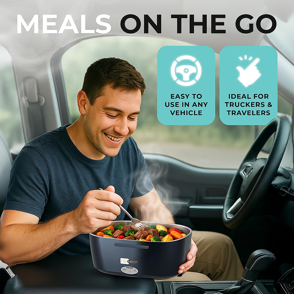 FORABEST Electric Lunch Box Food Heater 2-In-1 Portable Food Warmer Lunch Box for Car & Home – Leak proof, 2 Compartments, Removable 304 Stainless Steel Container, SS fork & spoon and Carry Bag