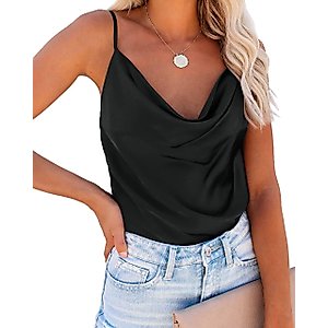 Ekouaer Satin Cowl Neck Tank Top Women Camisole Silky Loose Sleeveless Basic Blouse Ladies Satin Tank Shirt Black