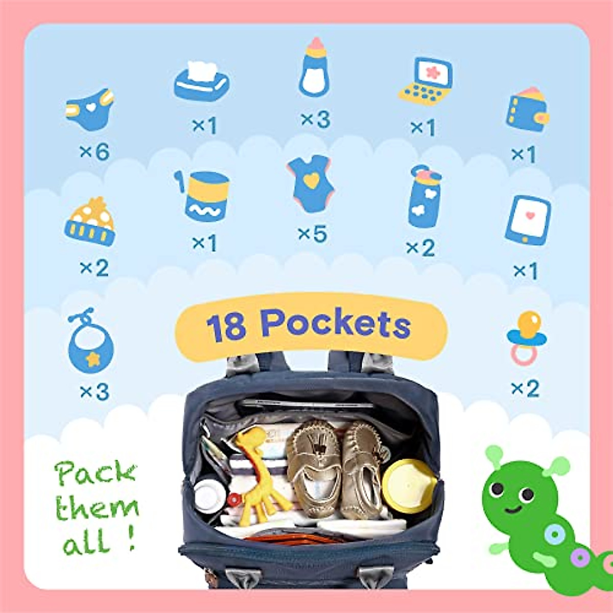 iniuniu Diaper Bag Backpack, 4 in 1 kit Large Unisex Baby Bags for Boys Girls, Waterproof Travel Back Pack with Diaper Pouch, Washable Changing Pad, Pacifier Case and Stroller Straps, Navy Blue