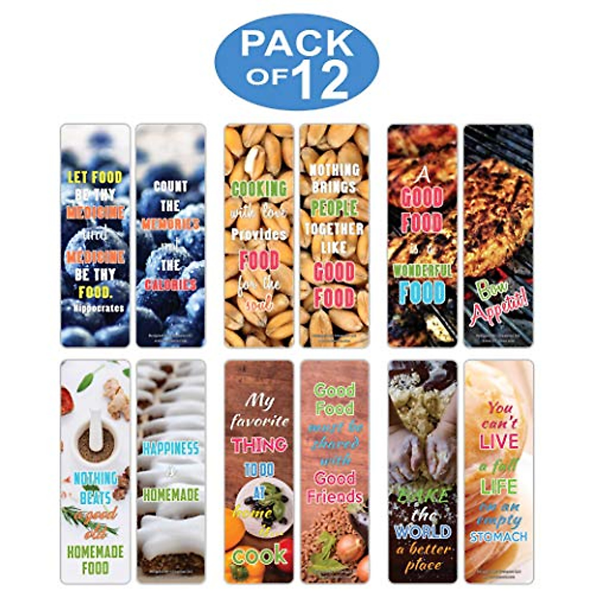 Creanoso Inspiring Sayings Food Lovers Series 2 Bookmarks (12-Pack) – Premium Gift Set – Awesome Bookmarks for Chefs, Cooks, Adult Men & Women – Six Bulk Assorted Bookmarks Designs