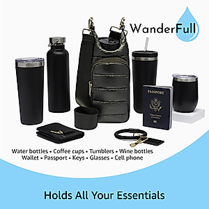 WanderFull Original Crossbody HydroBag | Quilted Water Bottle Carrier | Puffer Tote Tumbler Holder with Pockets for Purse, Phone & Accessories | Carry Travel Essentials (Army Green)