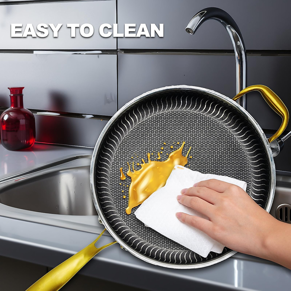 Cooksavor Hybrid Non Stick 12 inch Frying Pan with Lid, Stay-Cool Handle, PFOA-Free Cookware, Woks & Stir-fry Pans Nonstick, Dishwasher and Oven Safe