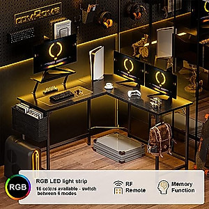 COMHOMA L Shaped Gaming Desk with LED Lights, 51" Gaming Corner Desk with Monitor Stand, Sturdy Home Computer Office Desk with Storage Bag, PC Gaming Table, Gaming Table for Writing Workstation, Black