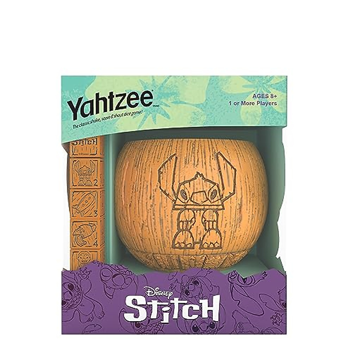 USAOPOLY YAHTZEE: Disney Stitch, Collectible Tiki Style Dice Cup, Classic Dice Game Based on Disney’s Lilo & Stitch, Great for Family Night, Officially Licensed Disney Game & Merchandise