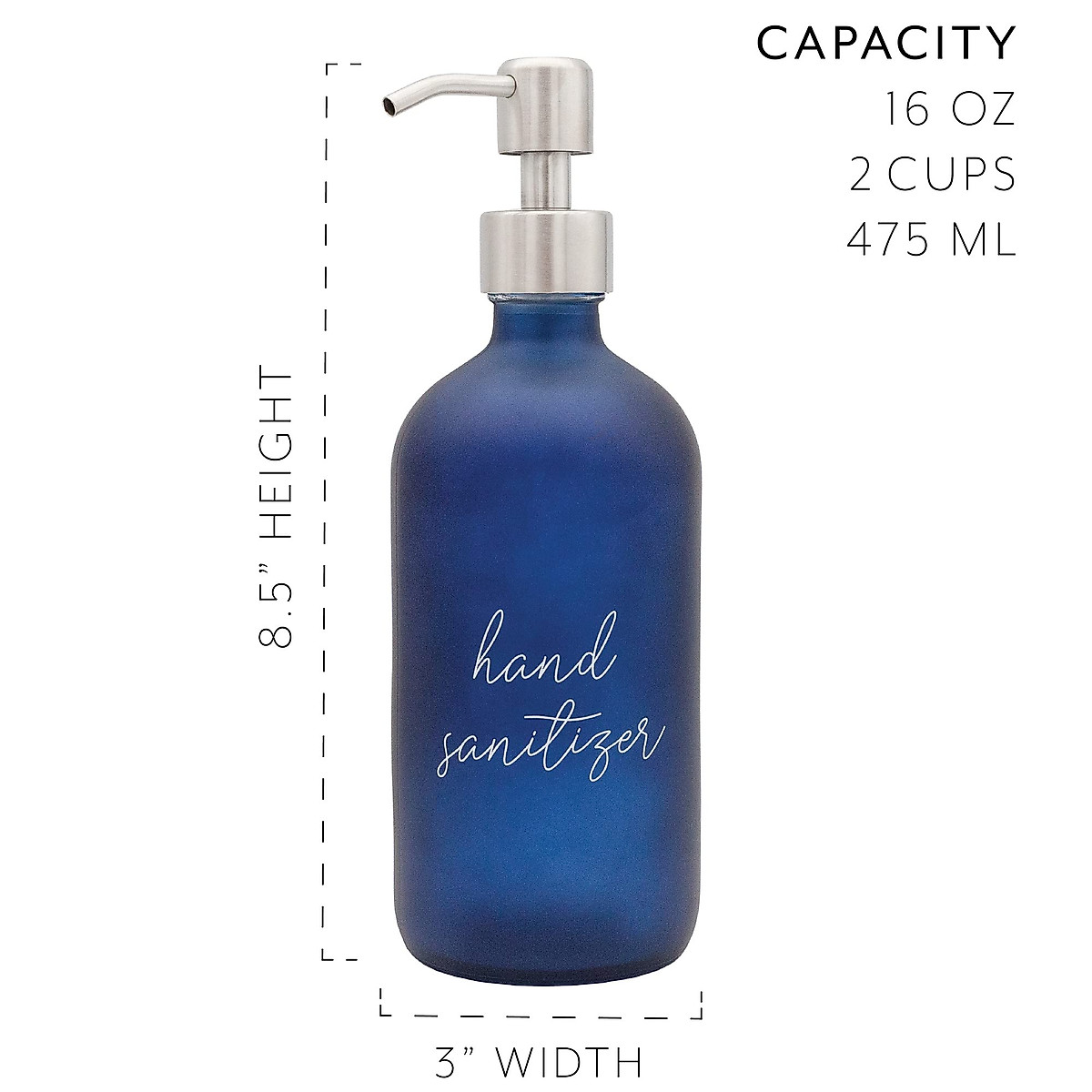 Darware Navy Lotion/Sanitizer Pump Bottles (Set of 2, Navy Blue); Glass Pump Dispenser Bottles for Hand Care, Pre-Labeled