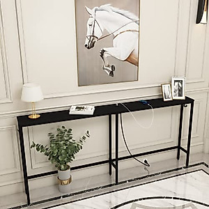 LEOMONIO 7.9" Narrow Sofa Table with Outlet, 70.9" Long Console Table Behind Couch, Skinny Table with Detachable Hooks and Charging Station for Entryway, Hallway, Living Room, Metal Frame & Black Wood