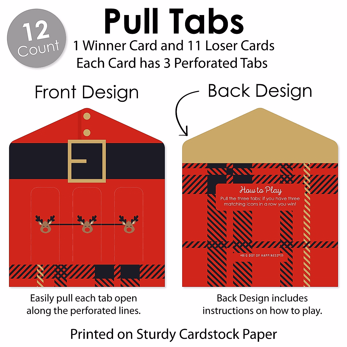 Big Dot of Happiness Jolly Santa Claus - Christmas Party Game Pickle Cards - Pull Tabs 3-in-a-Row - Set of 12