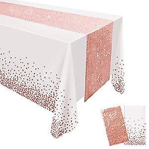 HAOBAOBEI Rose Gold Tablecloth Sequin Table Runner Set, Plastic Table Cloths Pink White Party Decorations, Rectangle Glitter Table Cover for Birthday Wedding Anniversary Parties Supplies (54x108 inch)