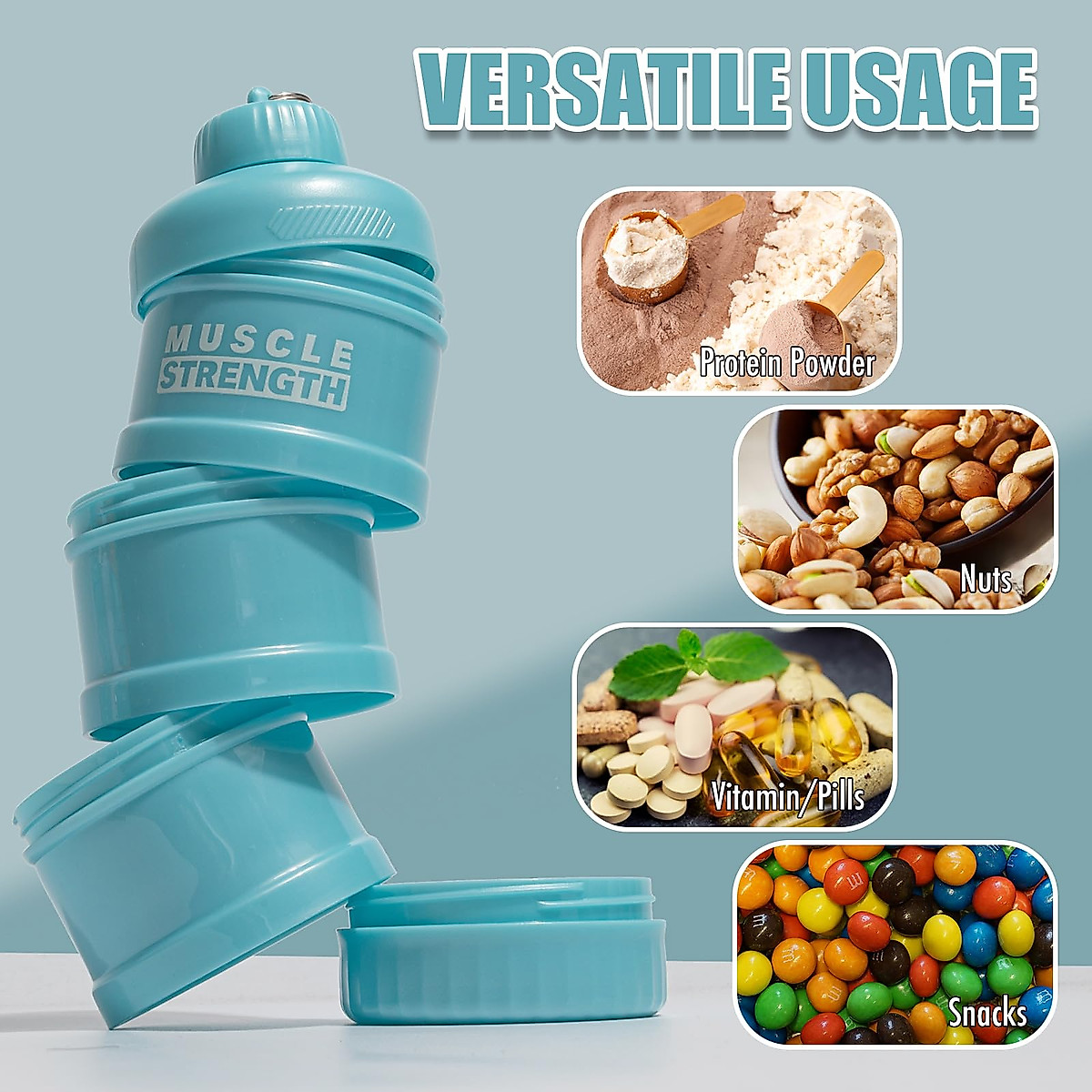 Stackable Protein Powder Travel Container with Carabiners & Funnels, Portable Protein Powder Container to Go, Protein Powder Funnel Set, Travel Protein Powder Containers for Fitness, Travel (BLUE)