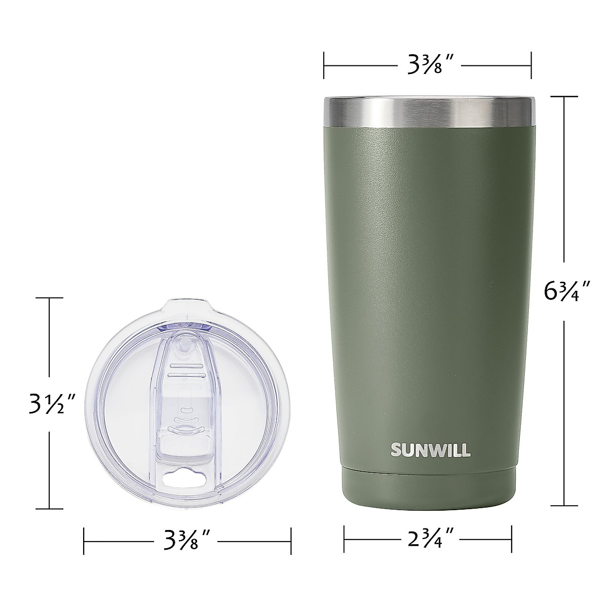 SUNWILL Travel Coffee Tumbler 20 oz, Insulated Mug with Lid, Stainless Steel Iced Cup for Outdoor, Powder Coated Camp Green