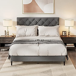 JUMMICO Queen Size Bed Frame with Fabric Headboard and Wooden Slats Support, Mattress Foundation, No Box Spring Needed, Easy Assembly