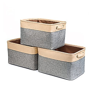 MEGACRA Basket Storage Bins Baskets with Rope Handles for Organizing Set of 3 Collapsible Cloth Storage Linen Closet Organizer 15 X 10.6 X 9.4 Inches Large Foldable Baskets for Bedroom Decor Book Shelves Coffee Table Baby Stuff Toy Storage Closet Organize