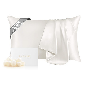 THXSILK 100% Silk Pillowcase for Hair and Skin, Both Sides Grade 6A+ Mulberry Silk Pillow Case with Hidden Zipper, Soft Smooth White Pillowcase(1pc, Queen Size 20"x30")