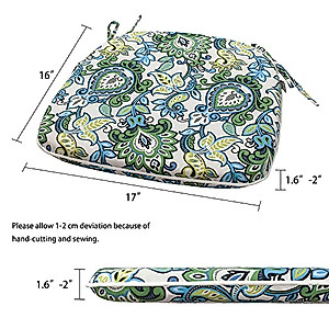 MAGPIE FABRICS Outdoor/Indoor Chair Cushions with Ties, Waterproof All Weather Patio Seat Pads for Patio Furniture Home Office Garden Decoration 17"x16"x2" (Botanical Blue Green, Set of 4)