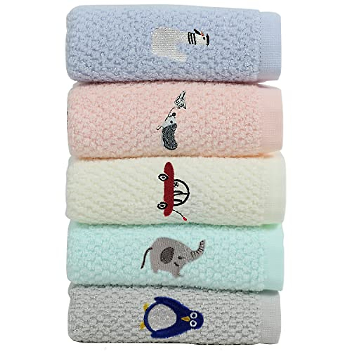 Soreca 100% Cotton Kids Facial Towels, Hand Towels and Fingertip Towels for Bathroom Towels Set Embroidered Cute Animal Pattern Children Washcloths 10inch x 20inch (Set E, 10inch x 20inch)