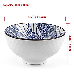 Sanbege Ceramic Rice Bowls 10 oz, Japanese Style Bowl Gift Set, Assorted Dinnerware Serving Bowls for Cereal, Soup, Dessert, Snack, Fruit, Salsa, Pack of 6 (Blue and White)