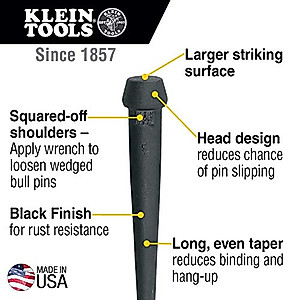 Klein Tools 3255 Bull Pin, Broad Head Bull Pin Resists Corrosion and Mushrooming, Heat Treated Steel with Black Finish, 1-1/4-Inch
