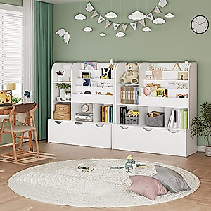 FOTOSOK 47'' Kids Bookcase and Bookshelf, Multifunctional Bookcase with 5 Storage Cubbies and 3 Movable Drawers, Bookcase Display Stand, Toy Storage Organizer for Bedroom, Playroom, Hallway, White