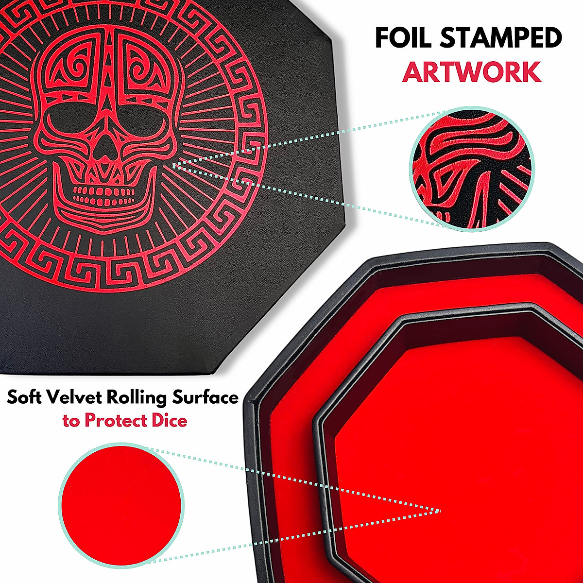 Luck Lab 8 Inch Dice Tray with Lid and Dice Staging Area for Table Top Gaming - Red Tribal Skull Design