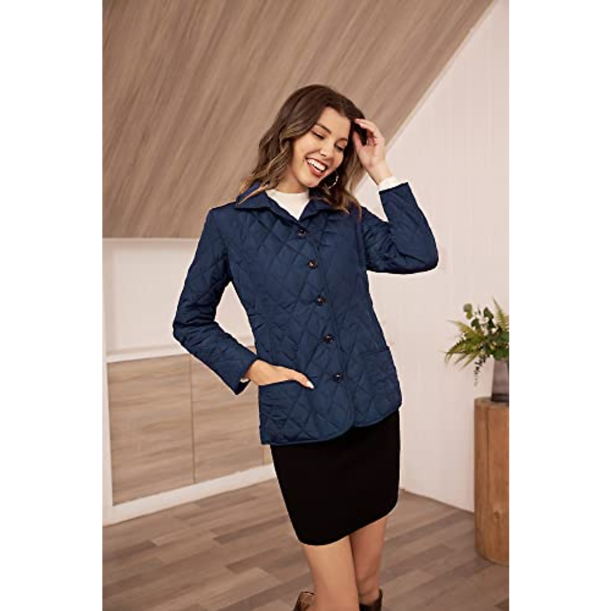 GRACE KARIN Lightweight Quilted Jacket for Women Casual Winter Lapel Coats Long Sleeve Button Down Outwear with Pockets Navy Blue XXL