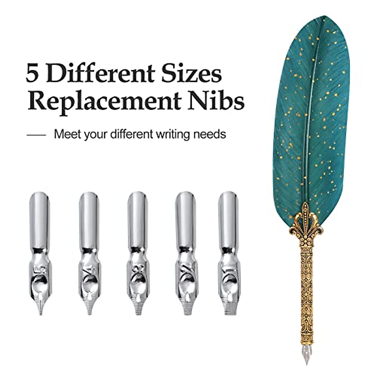 Karhood Quill Pen and Ink Set - Feather Calligraphy Dip Pen with Wax Seal Stamp Kit and 5 Nibs (Dark Green)