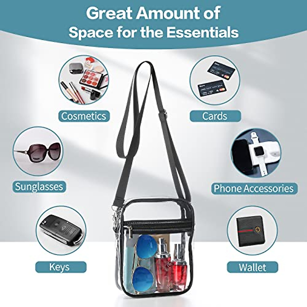 HAOGUAGUA Clear Crossbody Purse Bag, Stadium Approved with Front Pocket for Concerts, Festivals Sports (Black)