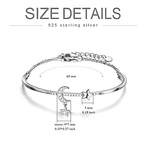 AOBOCO Sterling Silver Crescent Moon Star Bangle Bracelet Embellished with Crystals from Austria, Hypoallergenic Silver Moon Jewelry Anniversary Birthday Gifts for Women Wife(New Version)