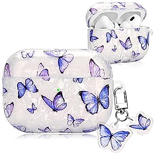 Cute Airpod Case with Butterfly Pendant, Kawaii Dreamy Blue Butterfly Shell Design Soft Shockproof Protective Cover Compatiable with Airpods Pro Case for Girls and Womens