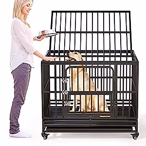 38 inch Heavy Duty Dog Crate | Dog Kennel for Small Medium Large Dog | Strong Metal Escape Proof Dog Cage | Removable Tray & Lockable Wheels