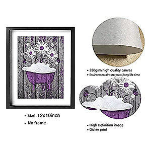 BARZM Rustic Farmhouse Purple Daisy Wall Art Purple Bathroom Wall Art Daisy Canvas Pictures Modern Flower Bathtube Rustic Purple Daisy Wall Art Decor for Bedroom 12x16 inch Frameless