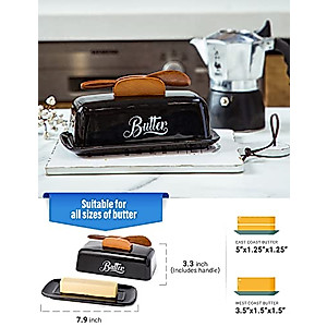 Butter Dish with Lid and Knife Ceramic Butter Holder for Counter Humanized Clamp-able Knife Handle Design, Perfect for East West Coast Butter, Black