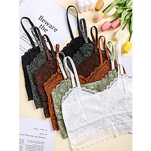 Geyoga 6 Pack Women's Lace Cami Top, Wireless Bralette Floral Non Padded Bandeau Bras with Straps(Black, Dark Chocolate, Chocolate, White, Olive Green, Dark Gray, Medium)