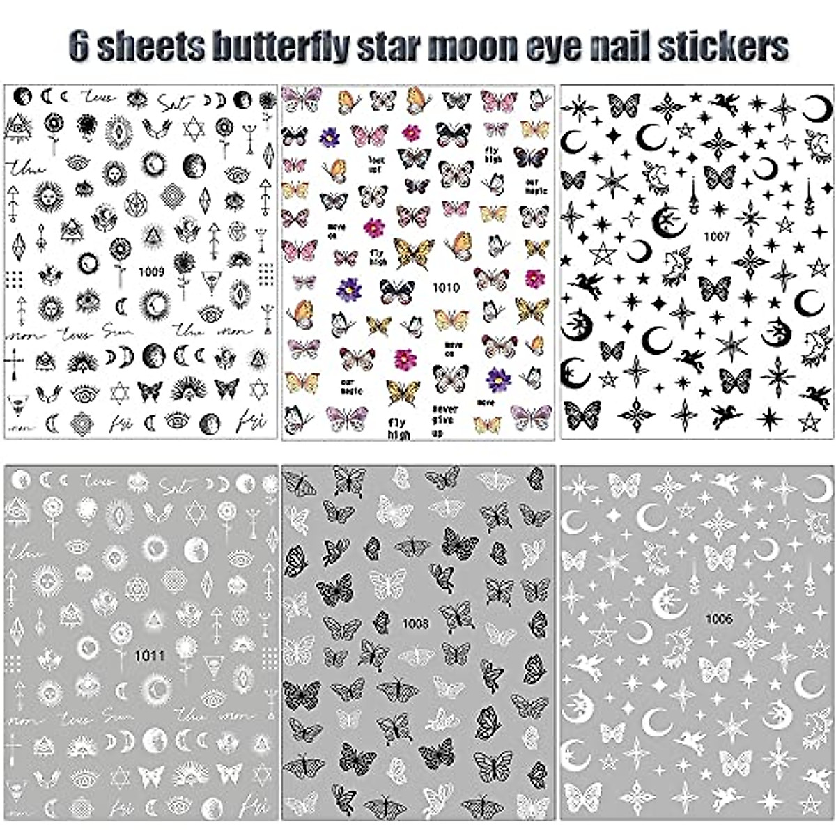 Starry Sky Series Nail Stickers for Nail Art - 3D Self Adhesive Nail Decals Black White Butterfly Star Moon Nail Design Stickers Constellation Meteor Decals DIY Nail Decorations for Women, 6Sheets