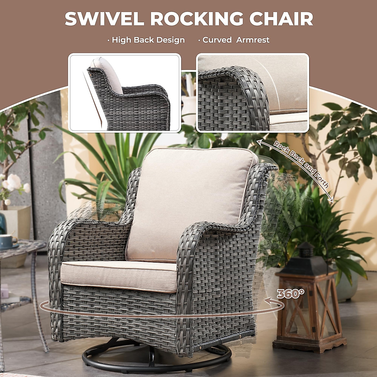 XIZZI Patio Furniture with Swivel Rocking Chairs,10 PCS Outdoor Sectional Sofa with 42" 50000 BTU Propane Fire Pit Table and Side Table,All Weather PE Rattan Outside Conversation Set (Beige)