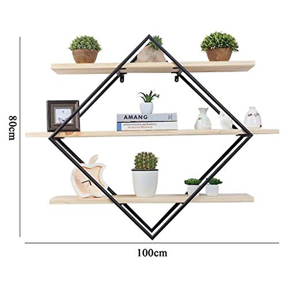QUUL Simple Solid Wood Wall Hanging Shelf, Three Tier Floating Wall Hanging Decorative Iron Solid Wood Storage Display Stand