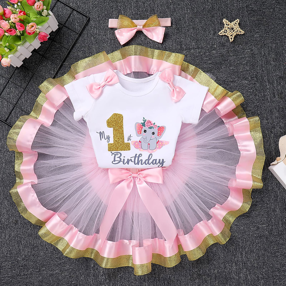 IDOPIP Elephant 1st Birthday Outfit for Baby Girl Elephant Romper + Ruffle Tulle Tutu Skirt + Headband 3PCS Clothes Set for Elephant Theme Jungle Zoo Birthday Cake Smash Photo Shoot Pink 1 Year