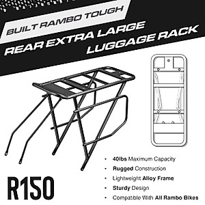 Rambo Bikes Aluminum Bike Rack - Heavy-Duty, Extra-Large Rear Bike Rack for Fat Tire Bikes - 40lbs Maximum Capacity, Lightweight 6061 Aluminum Alloy Frame - Easy to Install on Electric Bikes