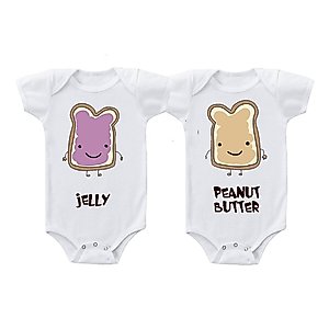Peanut Butter Jelly Twins Infant Short Sleeve Baby Bodysuits One Piece Set of 2 Newborn White