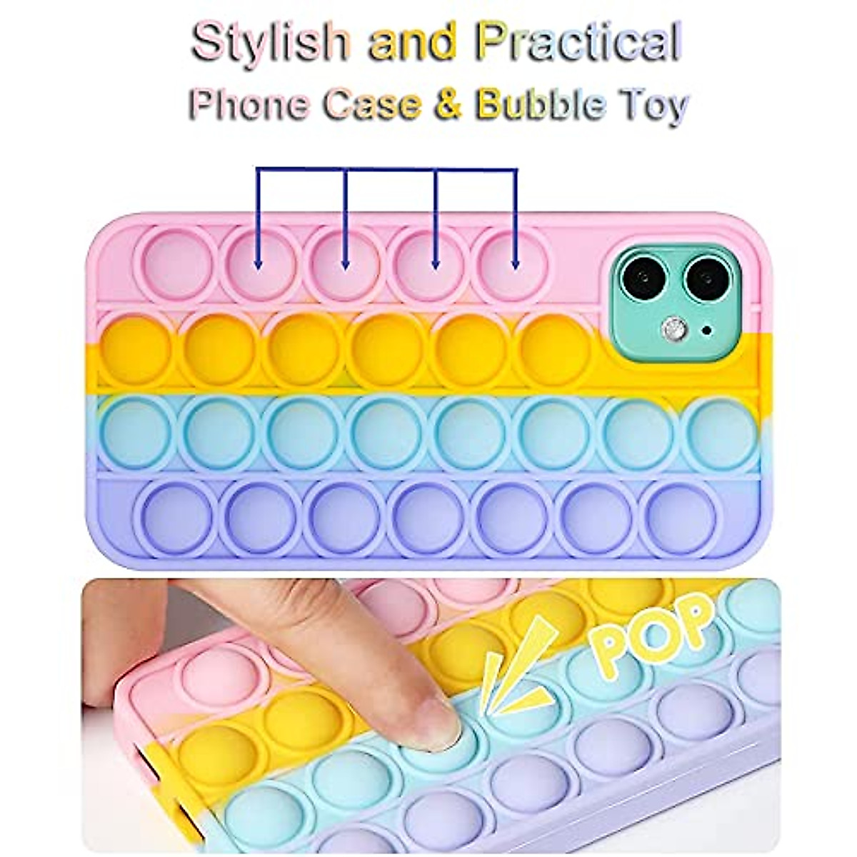 aupartuds Pop It Phone Case for iPhone 8 7 6,Stress Reliever Push Pop Bubble Fidget Toys Cover,Cute Funny Soft Silicone Protective Shell for iPhone SE 4.7 inch - Rainbow